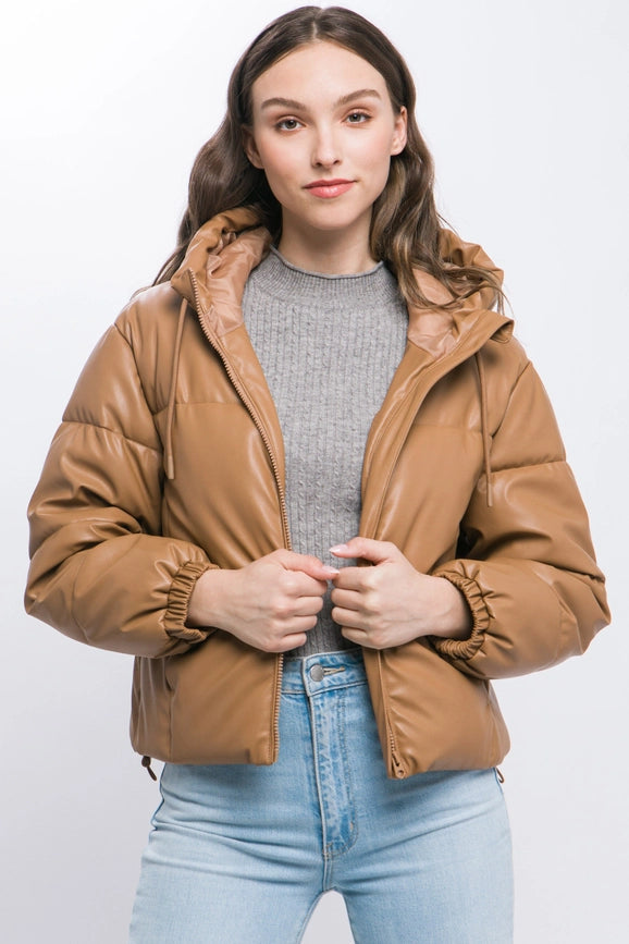 Puffer Leather Jacket CAMEL from Peace Love Line exclusive at