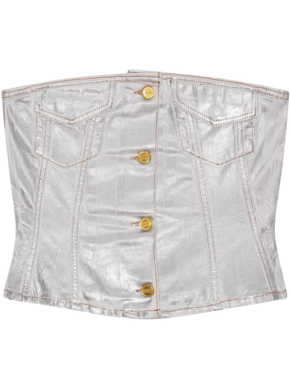 new Ganni Silver Foil Denim Corsage exclusive offer at Urbanheer