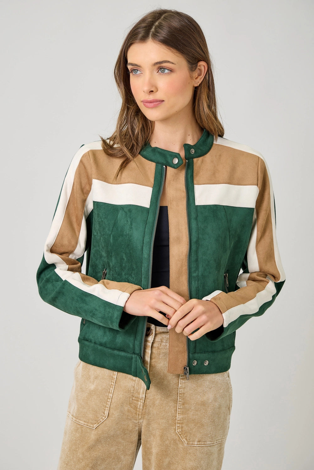Mystree Color Blocked Moto Jacket from Mystree exclusive at Urbanheer.