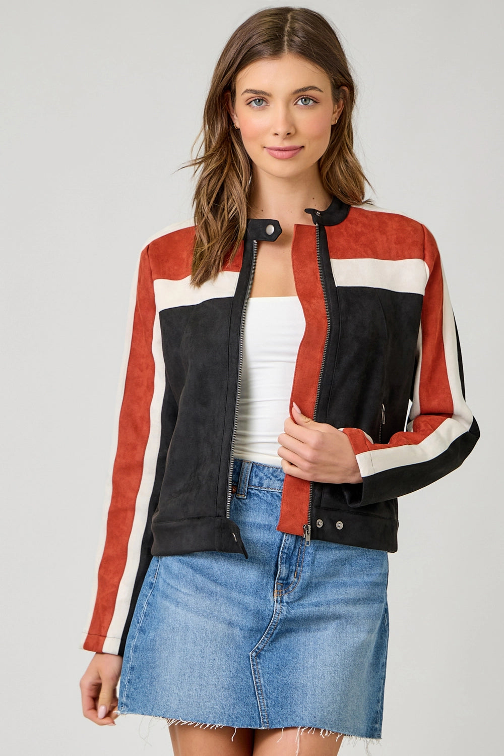 Mystree Color Blocked Moto Jacket from Mystree exclusive at Urbanheer.