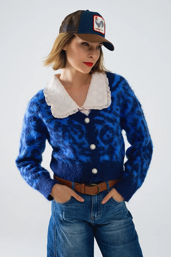 Blue Leopard Print Cardigan Made of Knitted Fabric with Wool from Q2 ...