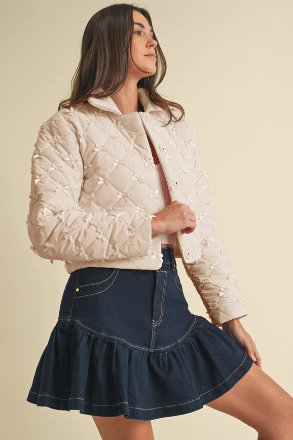 Bow Puffer Jacket from Endless Blu exclusive at Urbanheer.