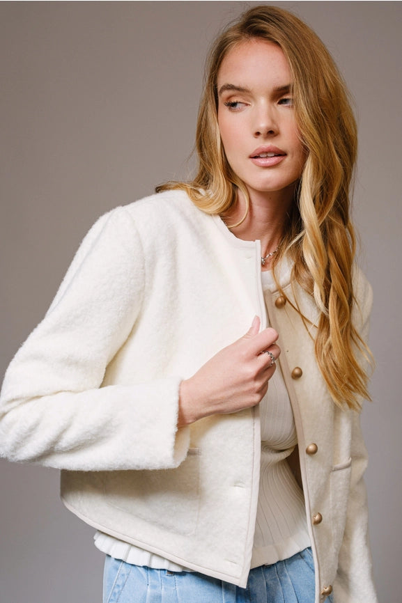 Brushed Boucle Button-Up Crop Jacket from Blue B exclusive at