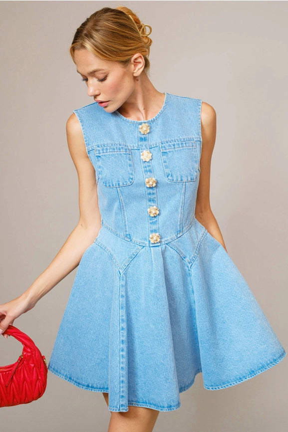 Jeweled Button Denim Flare Dress from Blue B exclusive at Urbanheer.