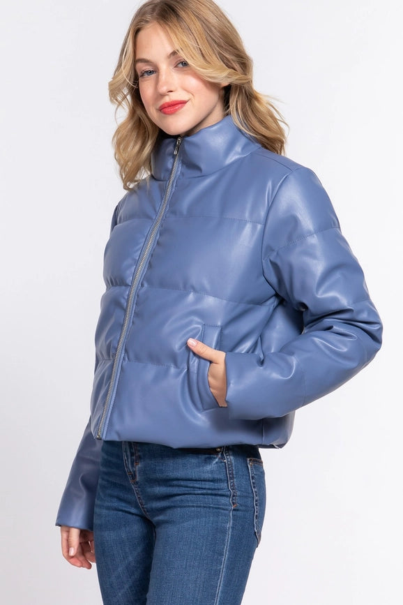 Long Sleeve High Neck Quilted Pu Puffer Jacket Blu-Dusty Blue from