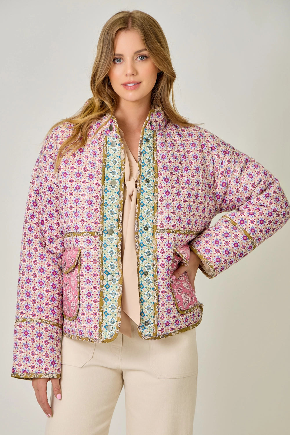 Mixed Media Quilted Jacket from Mystree exclusive at Urbanheer.