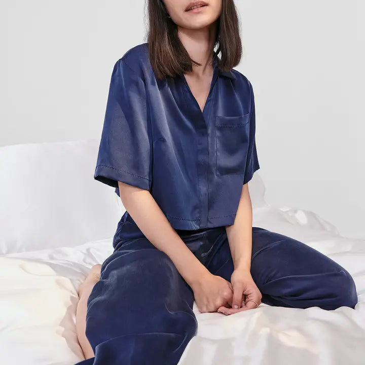 Washable Silk High Rise Pant Set Deep Blue from LUNYA exclusive at ...