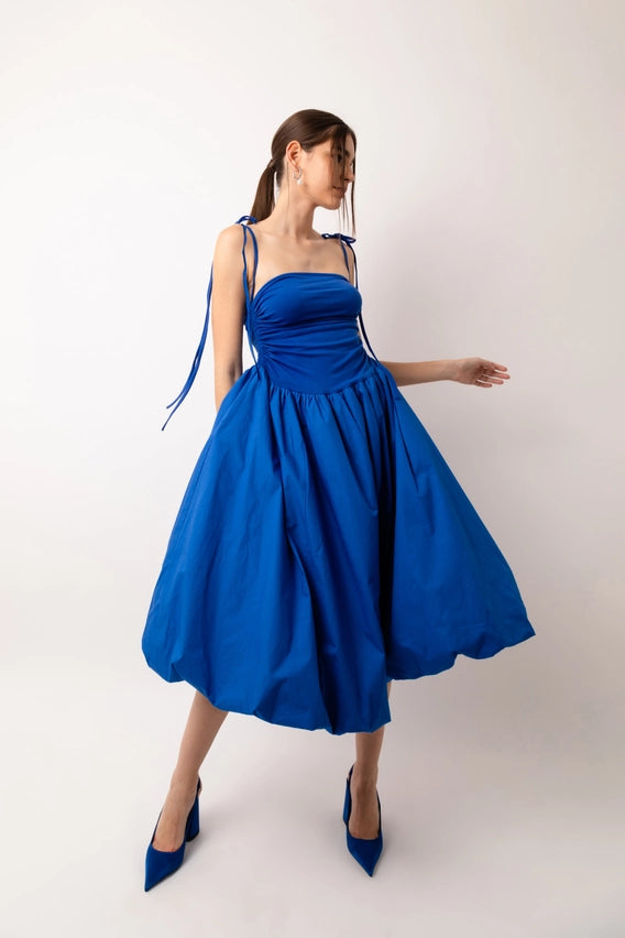 Alexa Stretch Strapless Puffball Midi Dress